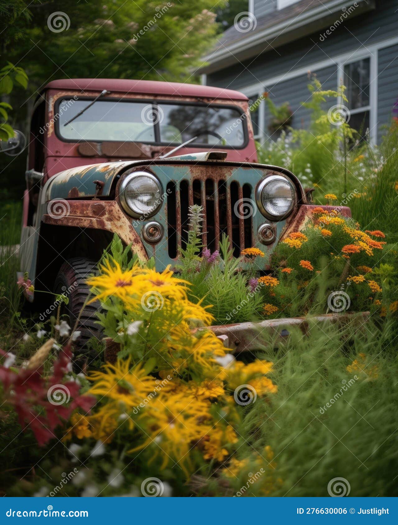 A Broken Jeep Surrounded by Curious Native Blooms. Abandoned Landscape ...