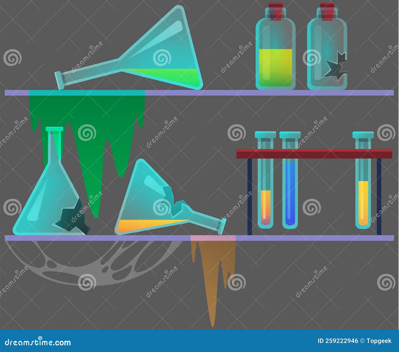 Broken Laboratory Beaker Sign. Test Tube on Dark Background on Shelves ... Broken Laboratory Beaker Sign. Test Tube on Dark Background on Shelves ...