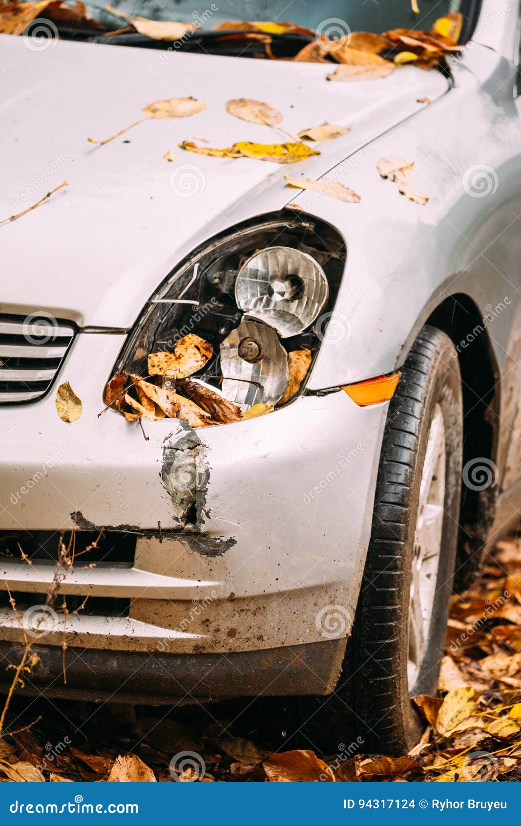 Broken Lamp Headlight and Bumper Car Scratched with Deep Damage Stock ...