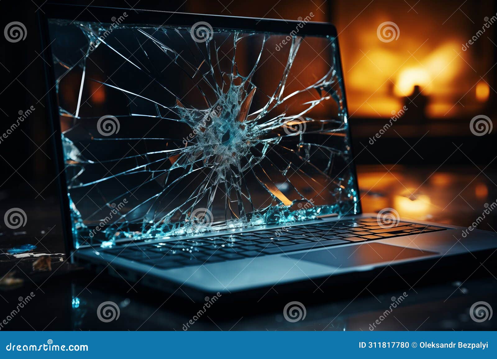 Broken Laptop Computer on Table Stock Photo - Image of reflection ...