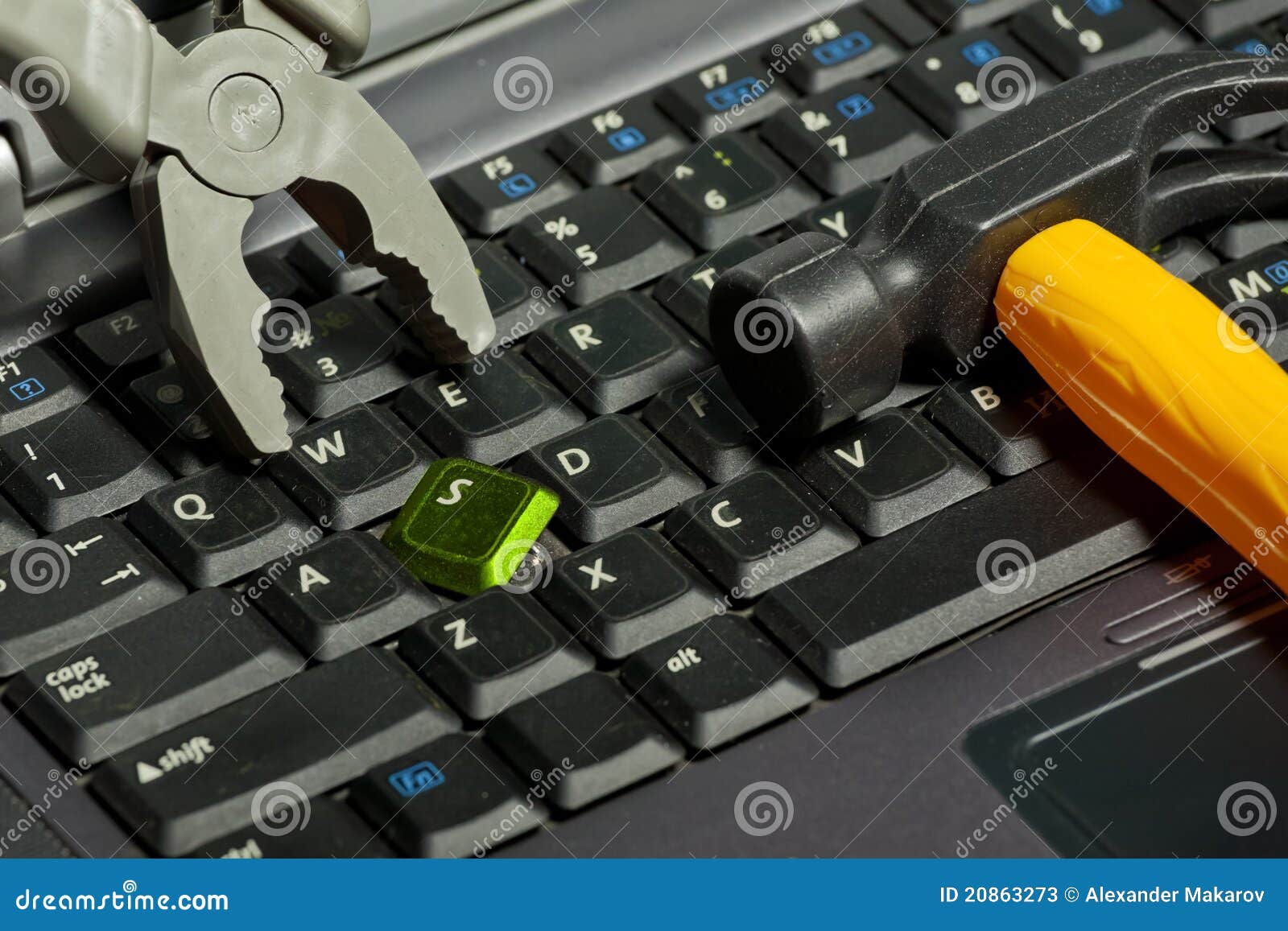 A Broken Laptop with a Hammer and Pliers Stock Image - Image of gray ...