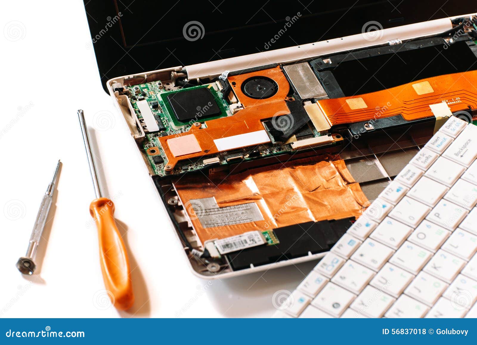 Broken Laptop On White Table. Tools For Repair Laptops Royalty-Free ...