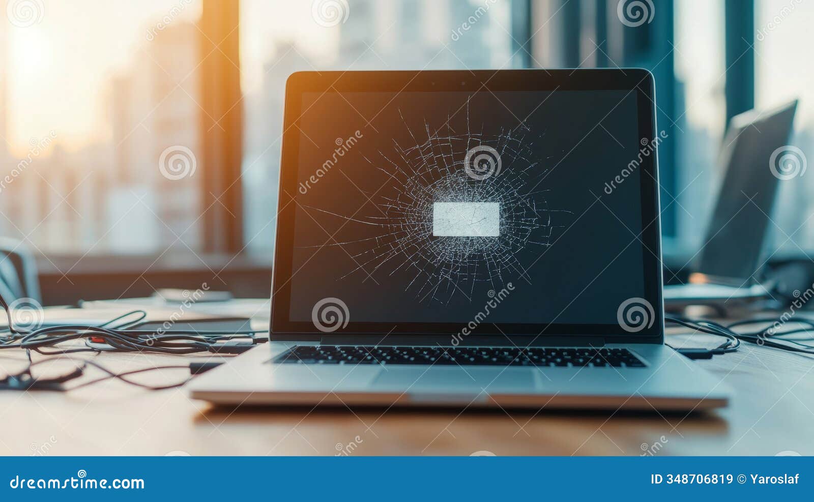 Broken Laptop Screen Displaying Warning Message, Surrounded by Tangled ...