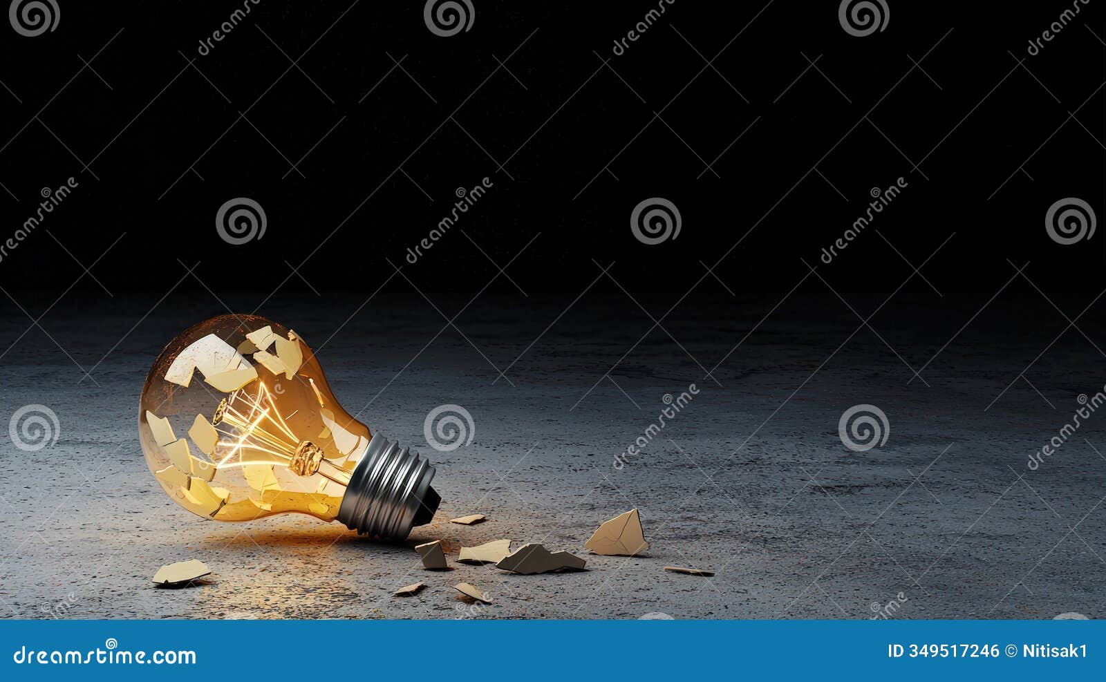 Broken Light Bulb on a Dark Surface Showcasing Shattered Glass and Glowing Filament Stock ...