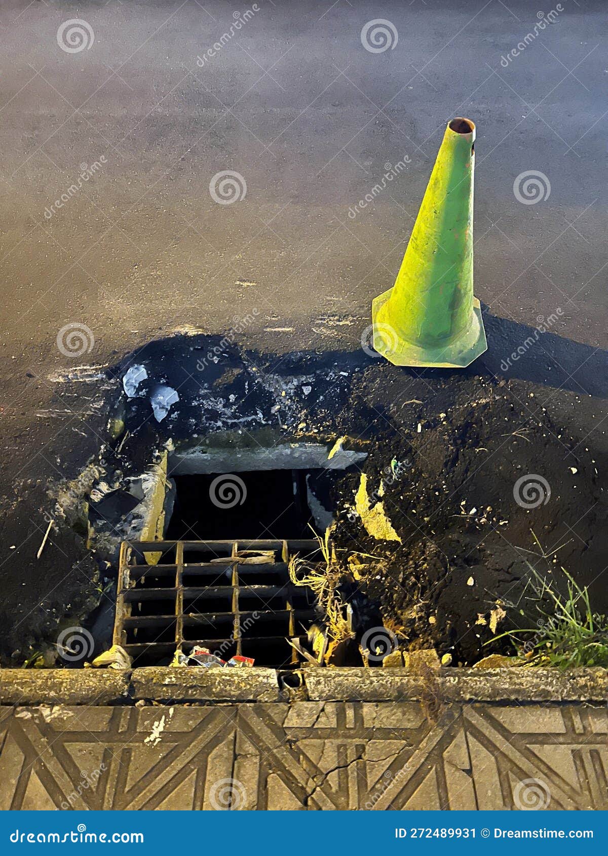 Broken Manhole with Safety Cone Stock Image - Image of concrete, iron ...
