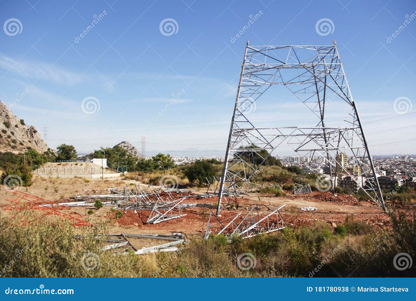 Broken Metal Transmission Line Support Stock Photo - Image of blue ...
