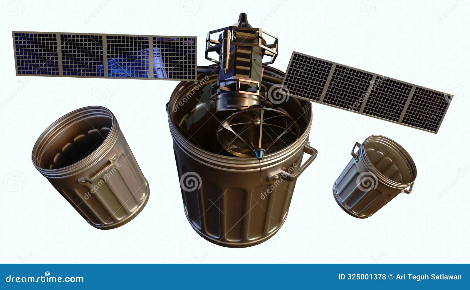 A Broken Metallic Satellite Model on Top of an Open Trash Can. Stock ...