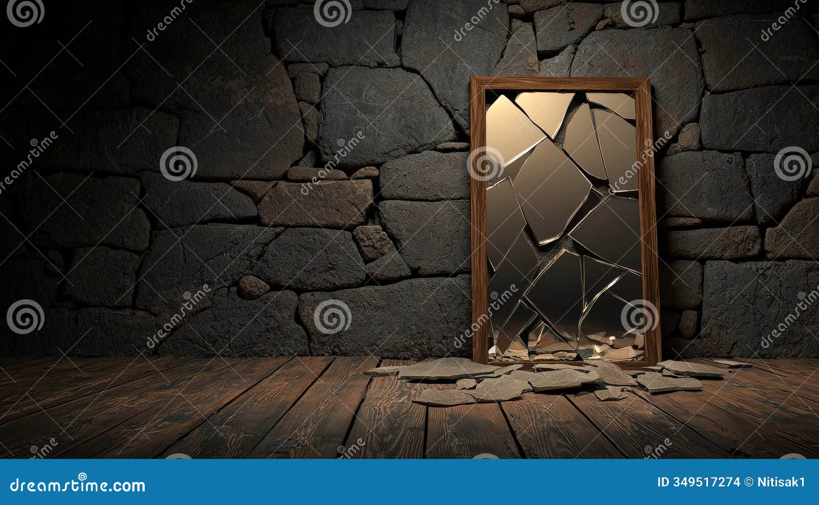 Broken Mirror in a Dim Room with Stone Walls Creating a Haunting ...