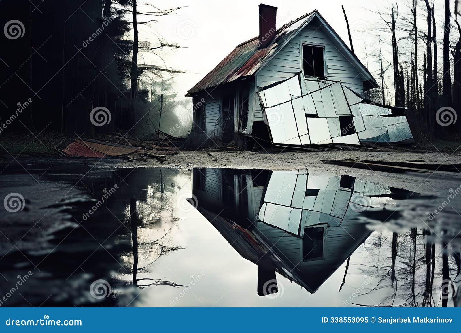 The Broken Mirror a Distorted Image of a House with Warped Refle Stock ...