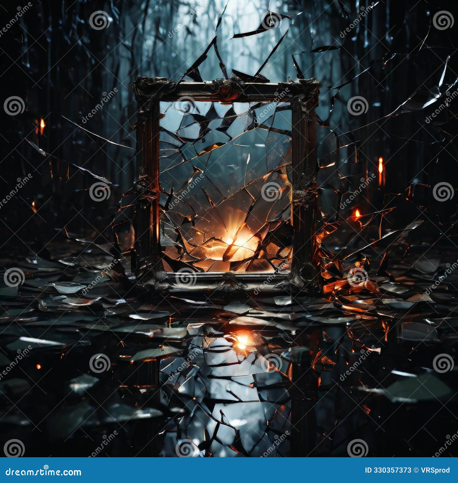 Broken Mirror Frame in Dark Forest with Glowing Light Stock Image ...