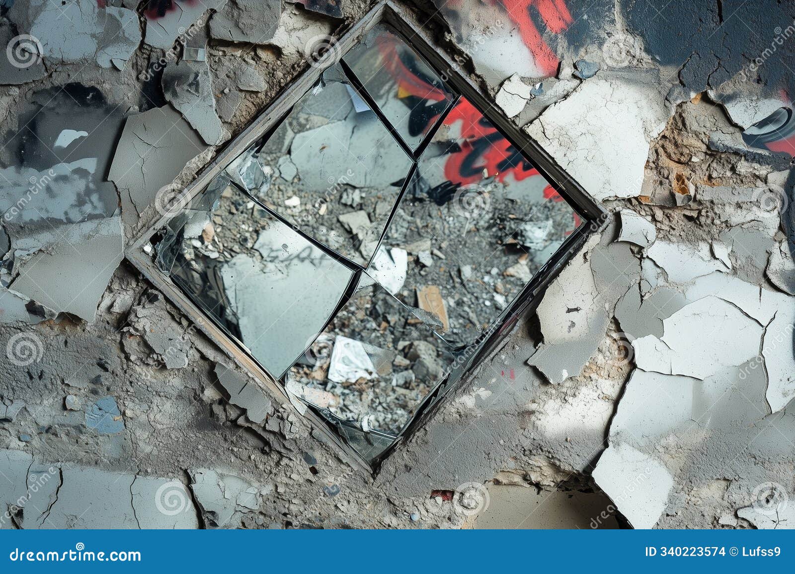 Broken Mirror Reflections on a Cracked Wall with Graffiti Background ...