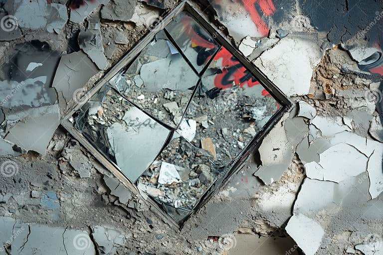 Broken Mirror Reflections on a Cracked Wall with Graffiti Background ...