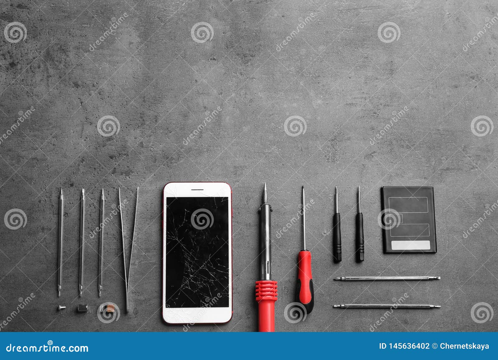 Broken Mobile Phone and Repair Tools on Table, Flat Lay Stock Photo ...