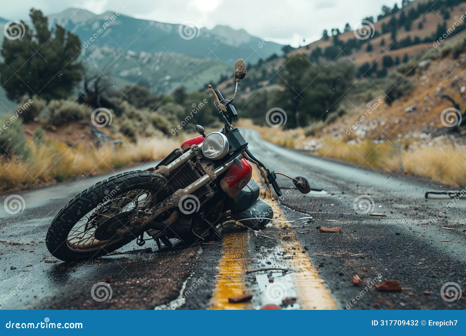 Broken Motorcycle on the Asphalt Road in the Rain. the Concept of ...