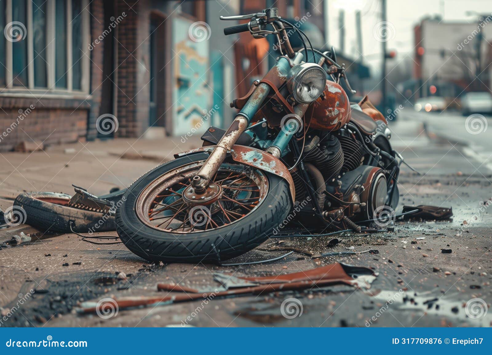 Broken Motorcycle on the Asphalt Road in the Rain. the Concept of ...