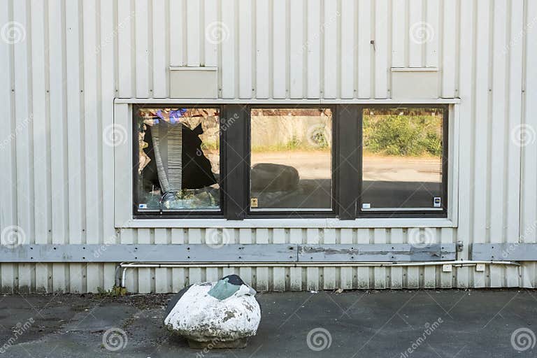 Broken Office Window with Computer Cables Hanging Out from it.. Stock ...