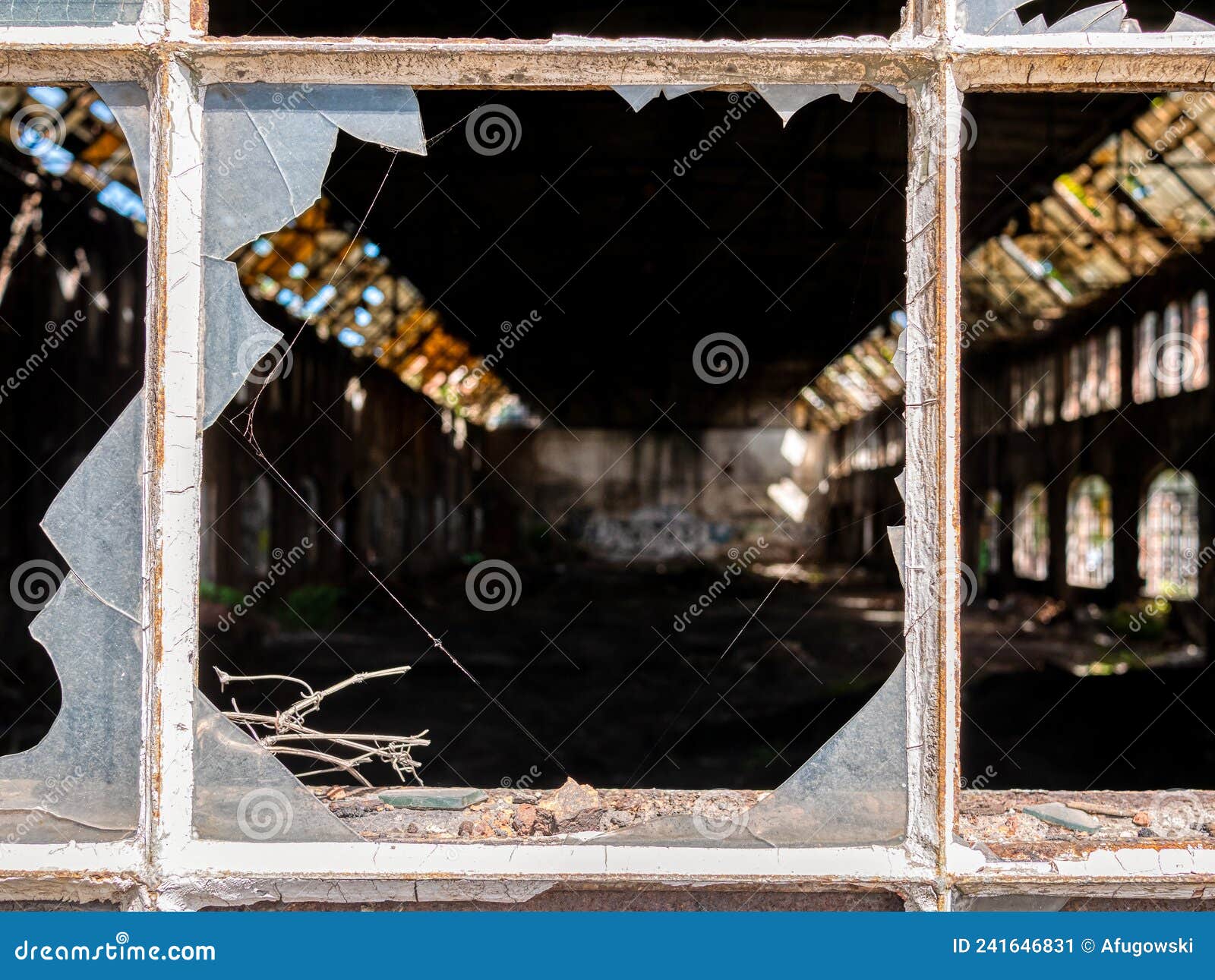 Broken Old Window Glass in Warehouse. Stock Image - Image of armored ...