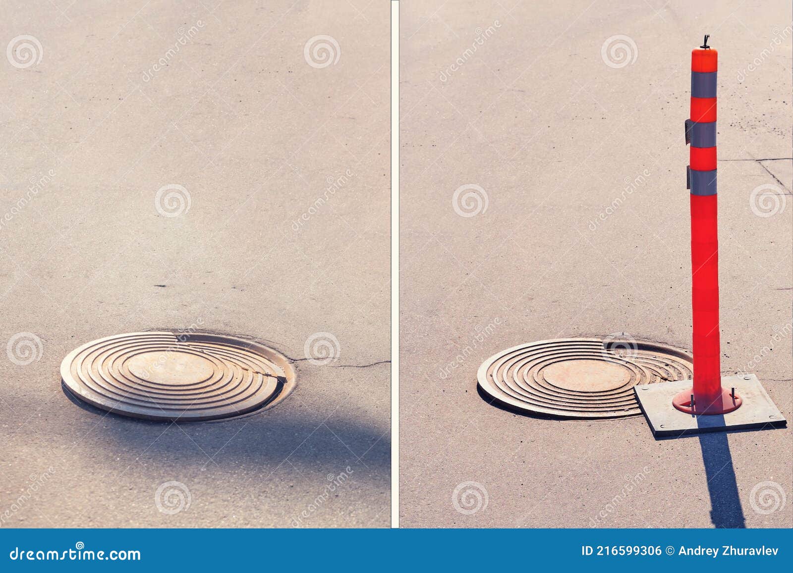 Broken Open Sewer Manhole before and after Installing Traffic Cone ...