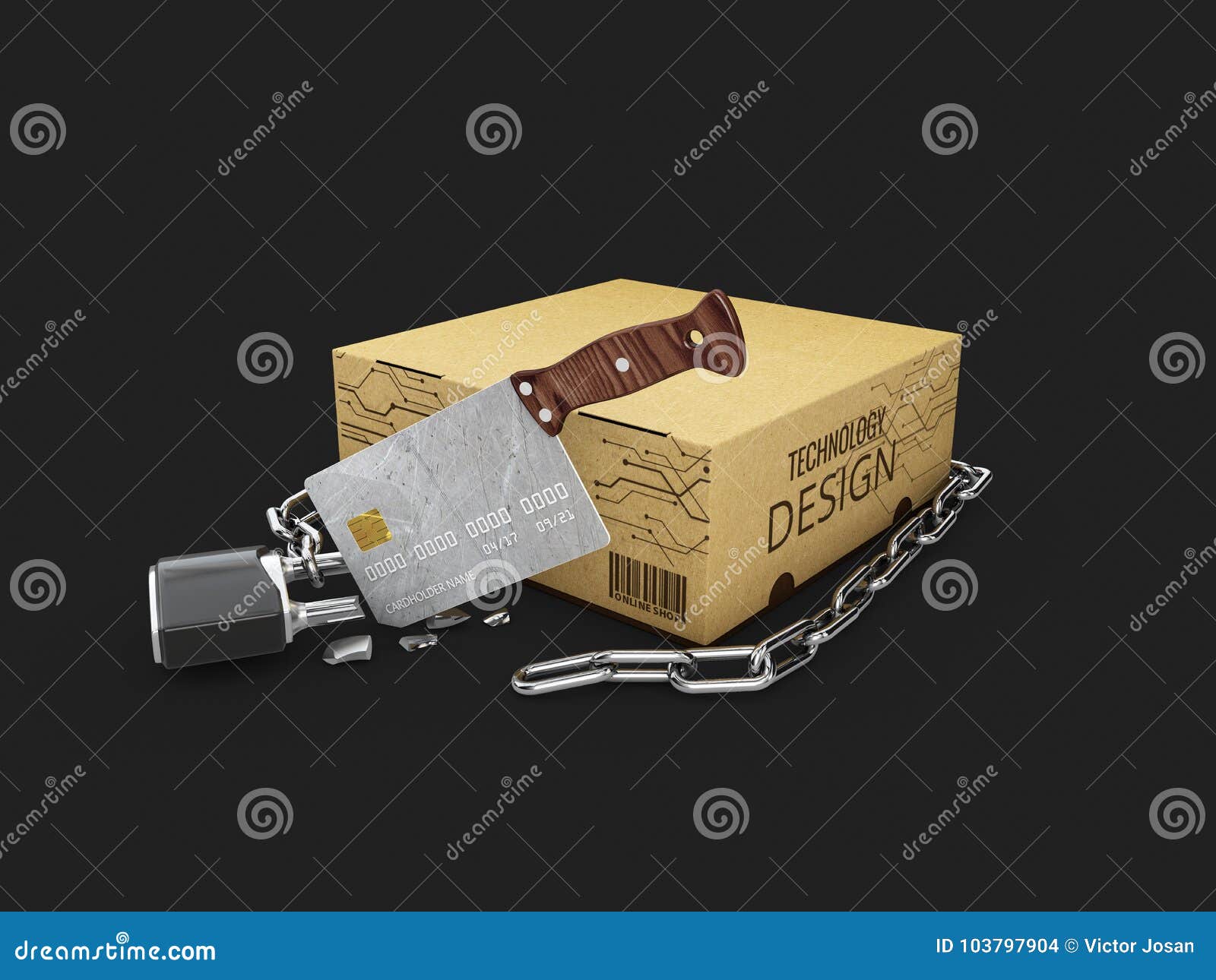 Broken Padlock with Chain and Software Box, Isolated Black. 3d ...