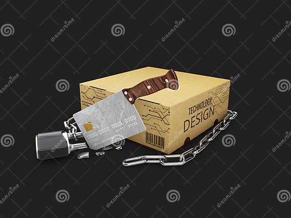 Broken Padlock with Chain and Software Box, Isolated Black. 3d ...