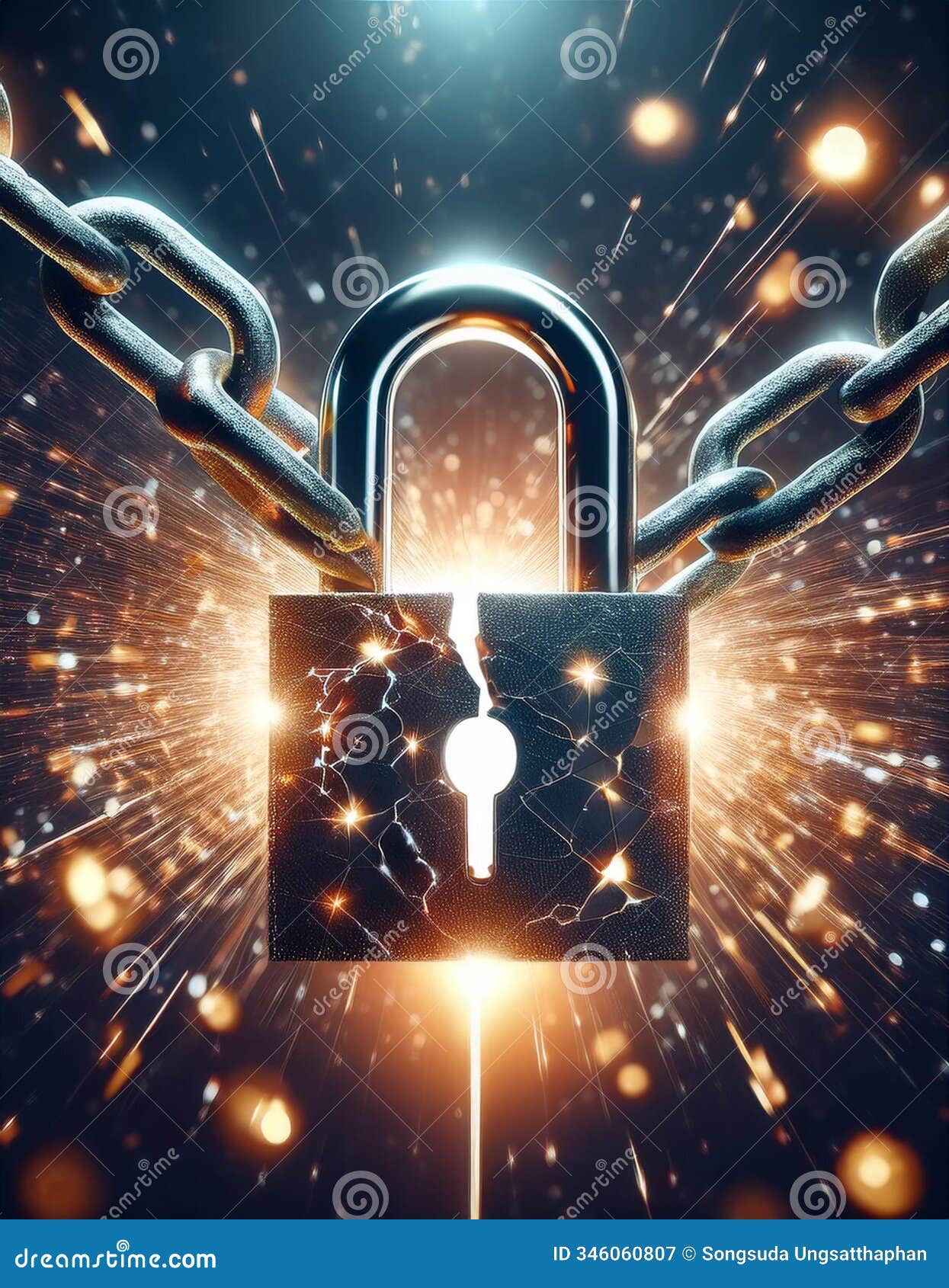 Broken Padlock and Chain with Sparks Flying, Security System Problem ...