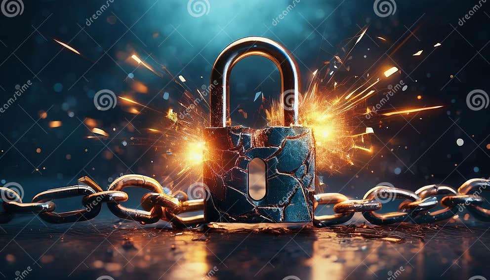 Broken Padlock and Chain with Sparks Broken, Security System Problem ...