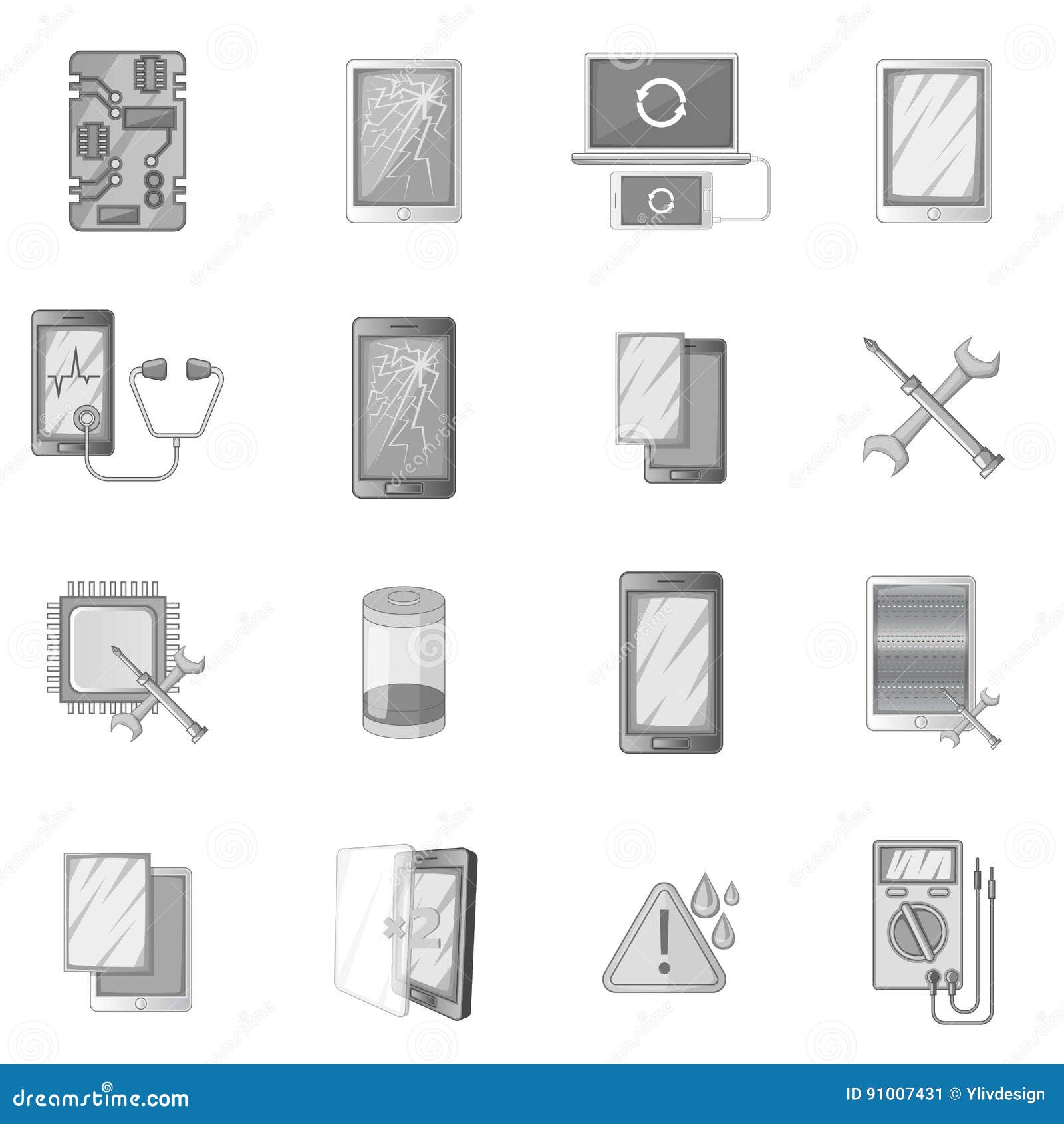 Broken Phones Fix Icons Set Monochrome Stock Vector - Illustration of ...