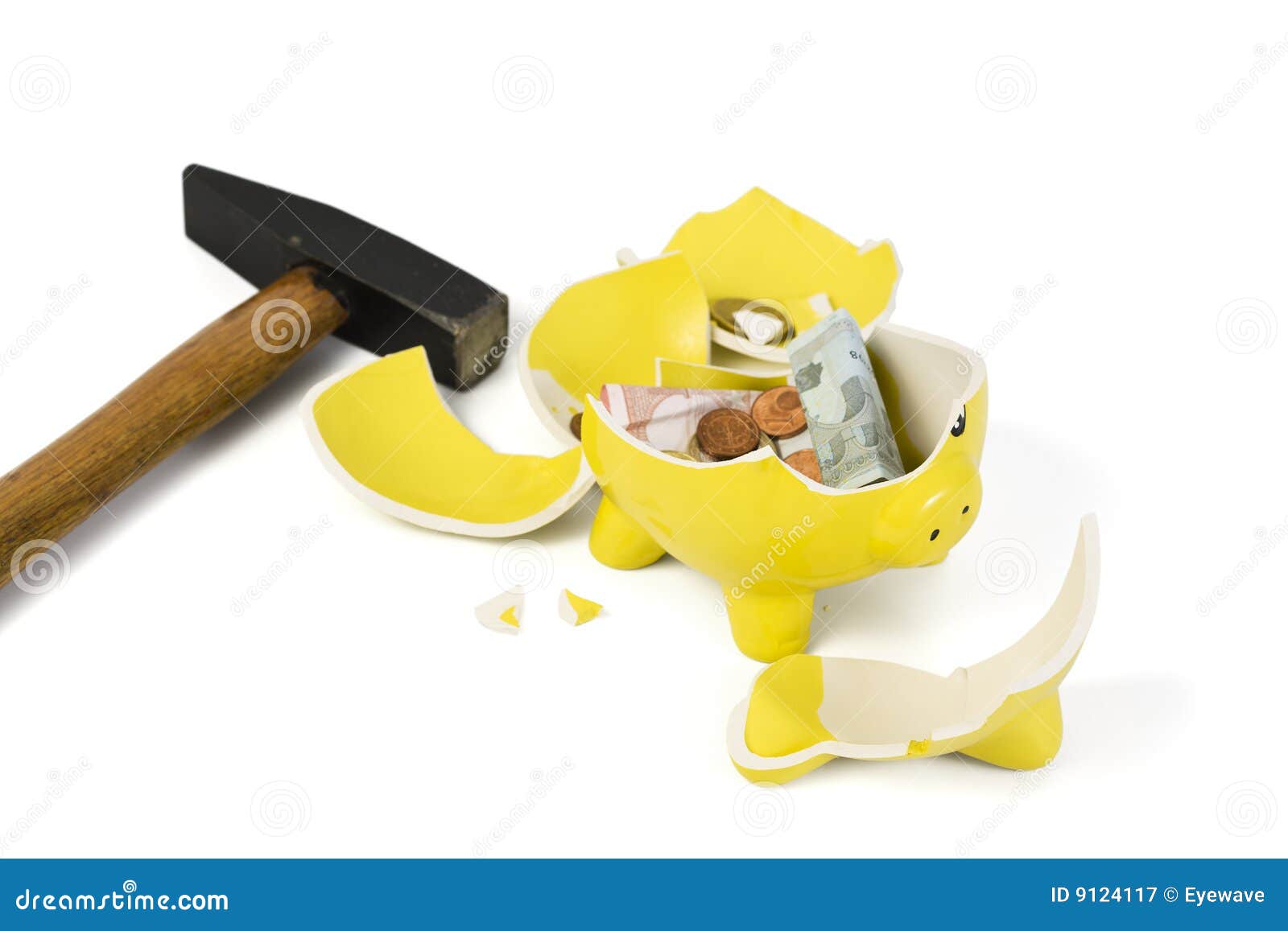 Broken Piggy Bank and Hammer Stock Image - Image of yellow, bank: 9124117