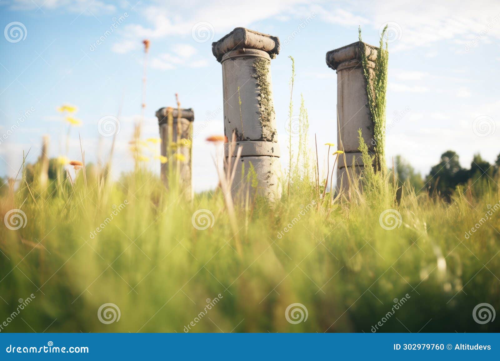 Broken Pillars in a Field with Overgrown Grass Stock Illustration ...