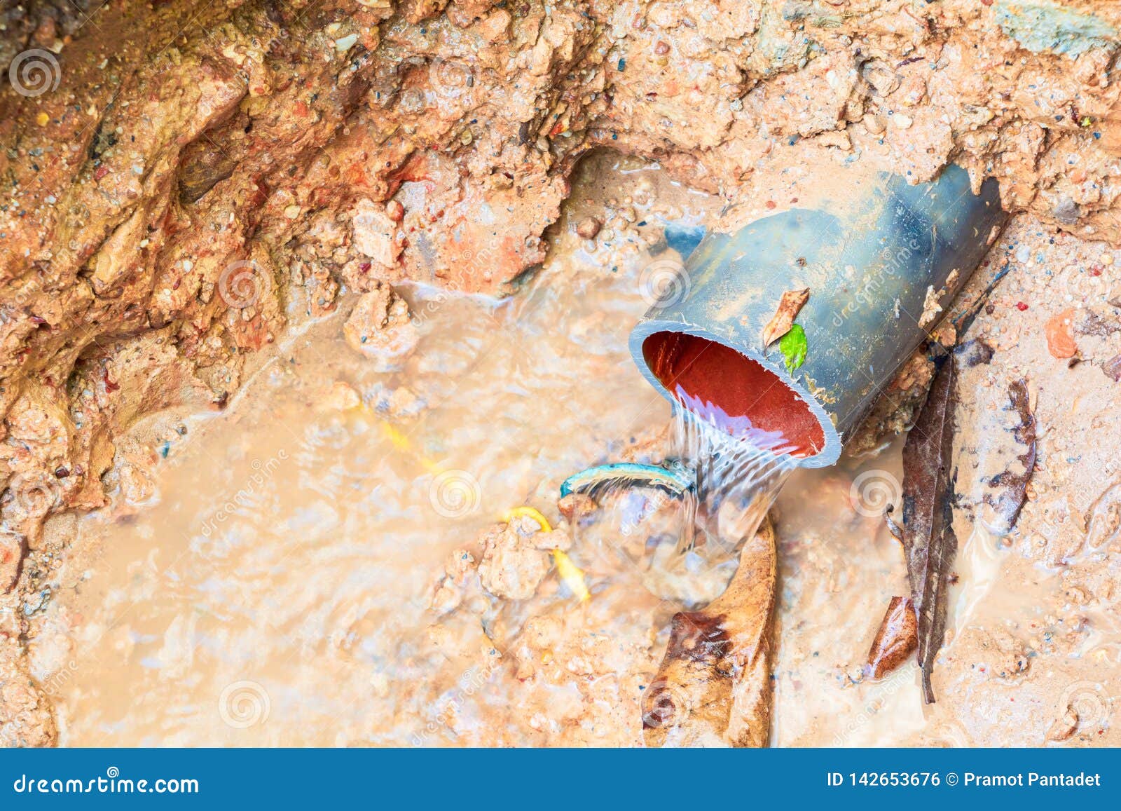 Broken Pipe in Hole with Water Motion at Roadside Wait Repair Stock ...