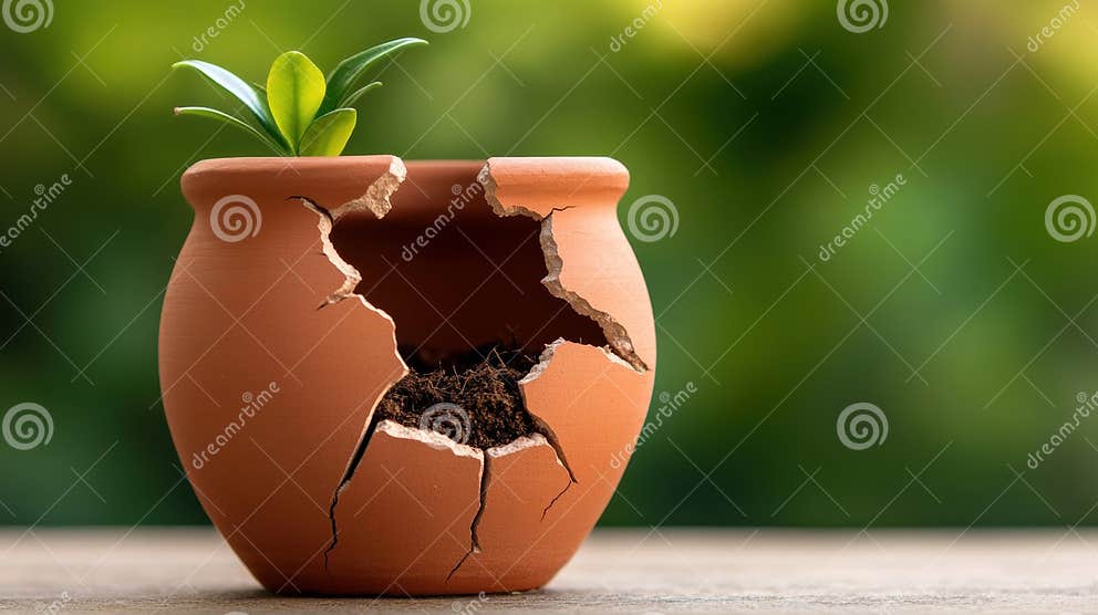 A Broken Pot with a Plant Inside of it on the Table, AI Stock Photo ...