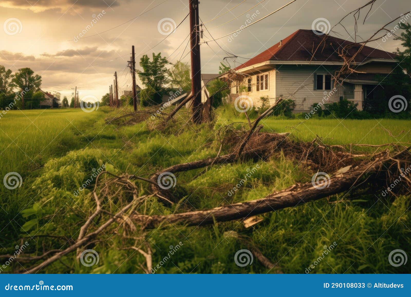 Broken Power Line Entangled with Storm Debris on Grass Stock Image ...