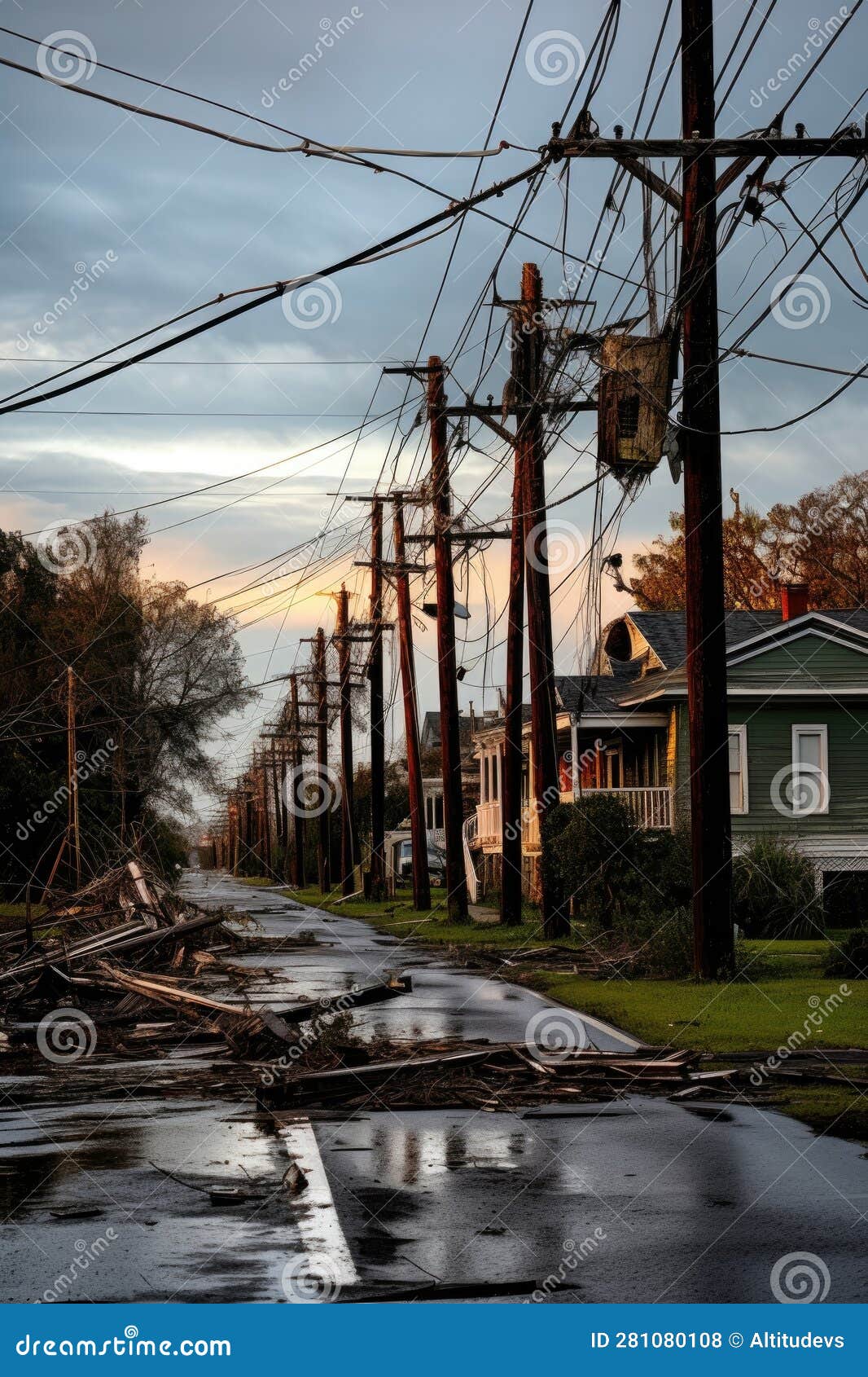 Broken Power Lines and Poles after Hurricanes Wrath Stock Illustration ...