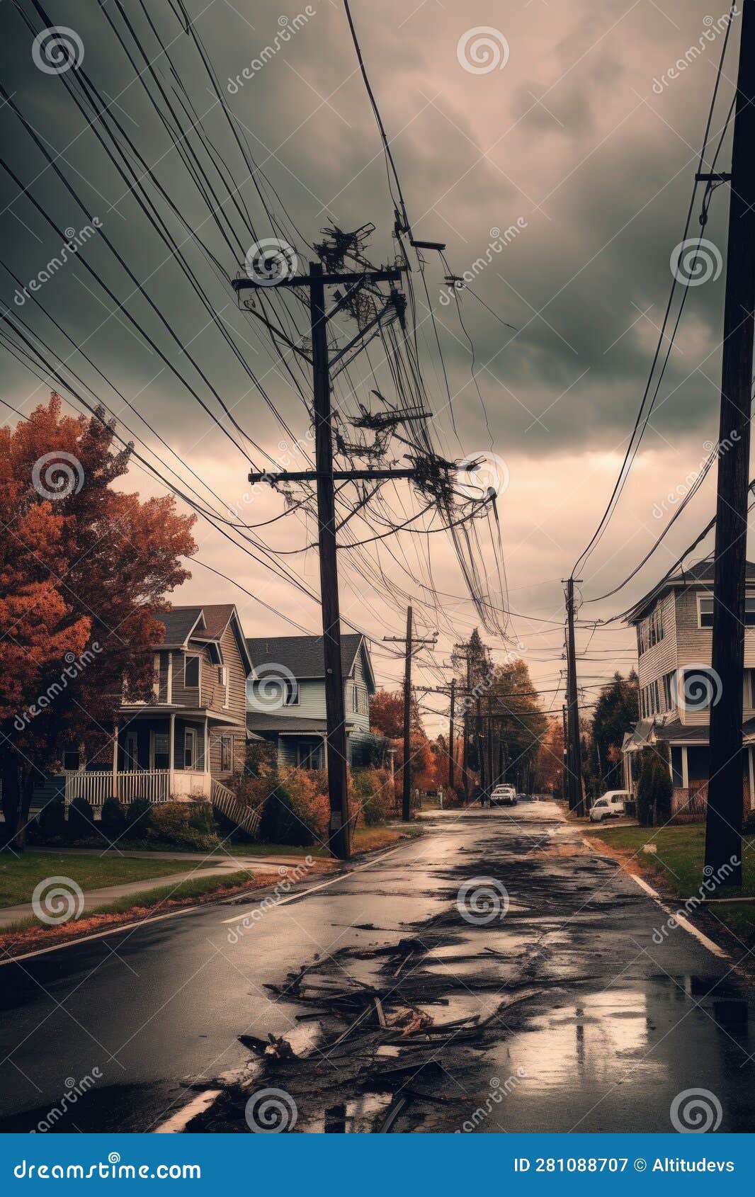 Broken Power Lines on a Stormy Street Stock Illustration - Illustration ...