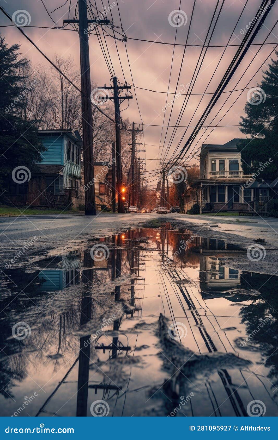 Broken Power Lines on a Stormy Street Stock Illustration - Illustration ...