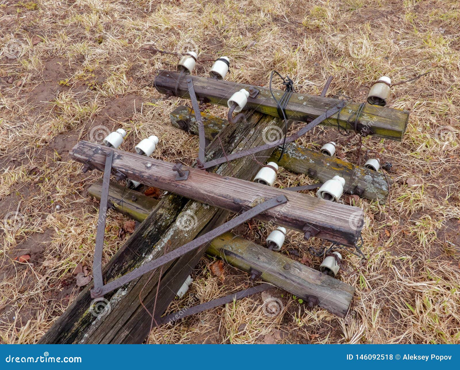 Broken Power Pole Lies on the Ground. Stock Photo - Image of outdoor ...