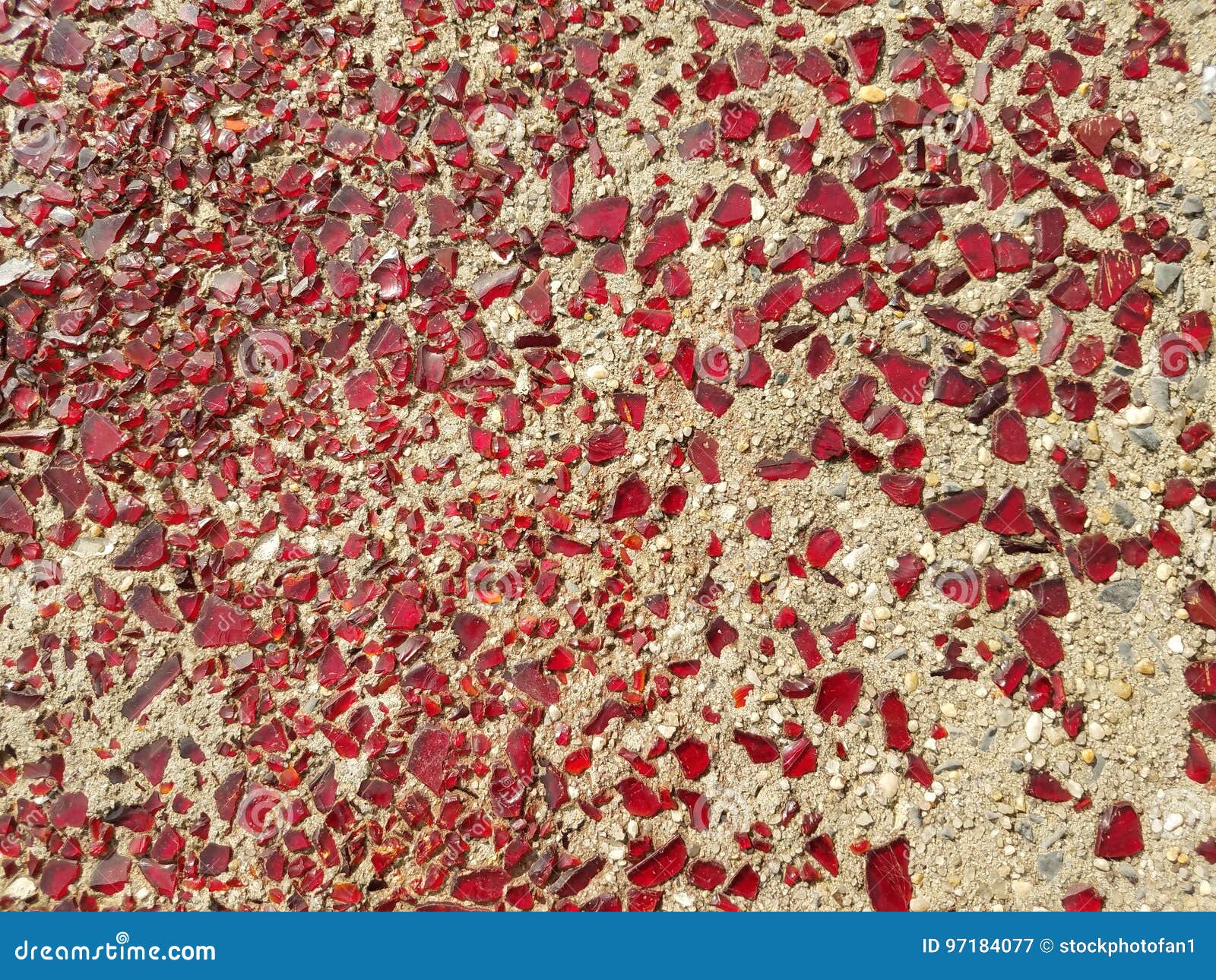 Broken red glass in cement stock image. Image of cement - 97184077