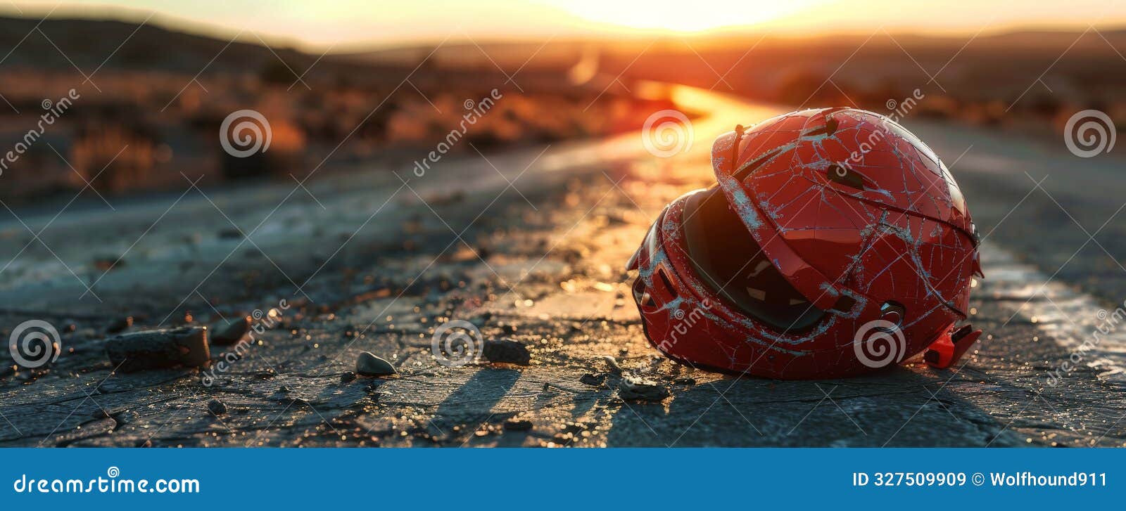A Broken Red Motorcycle Helmet with Visible Cracks and Scratches Lying ...