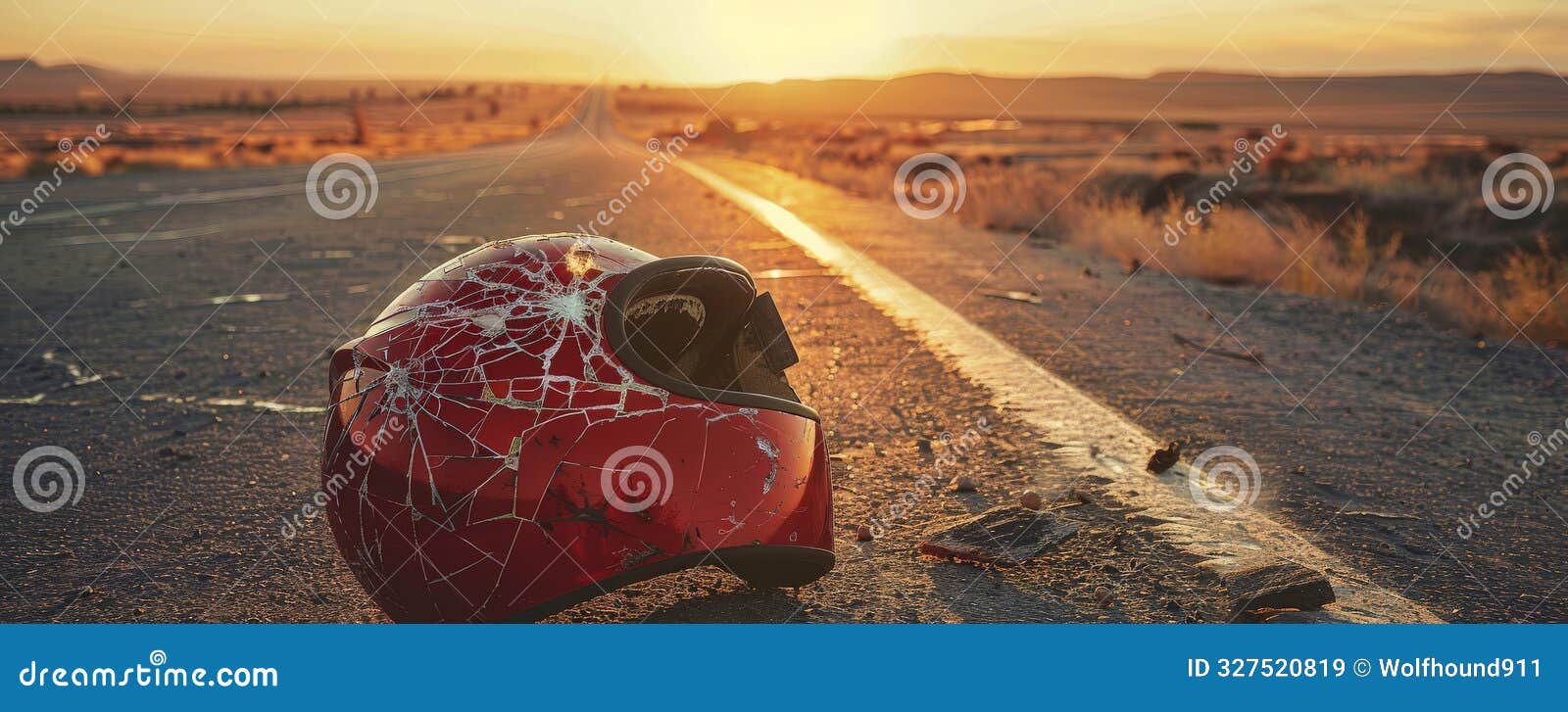 A Broken Red Motorcycle Helmet with Visible Cracks and Scratches Lying ...