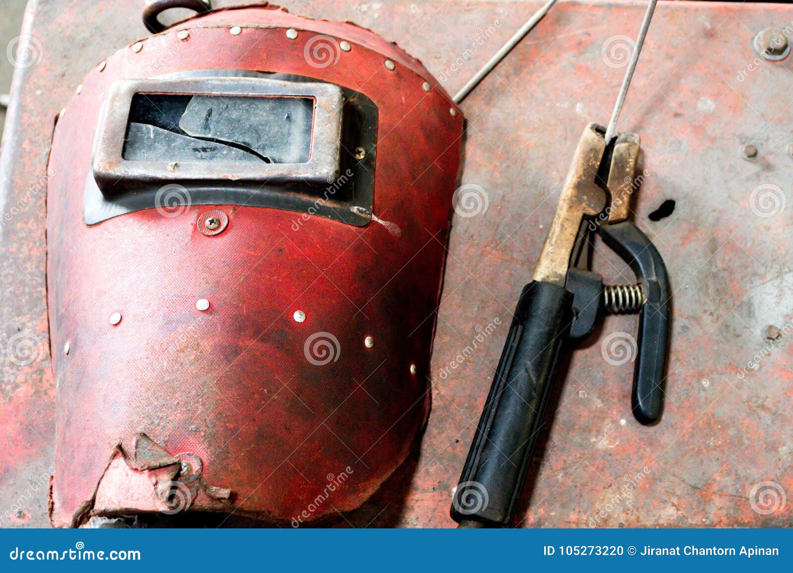 Broken Red Welding Mask with Wire Clamp Instrument Stock Photo - Image ...