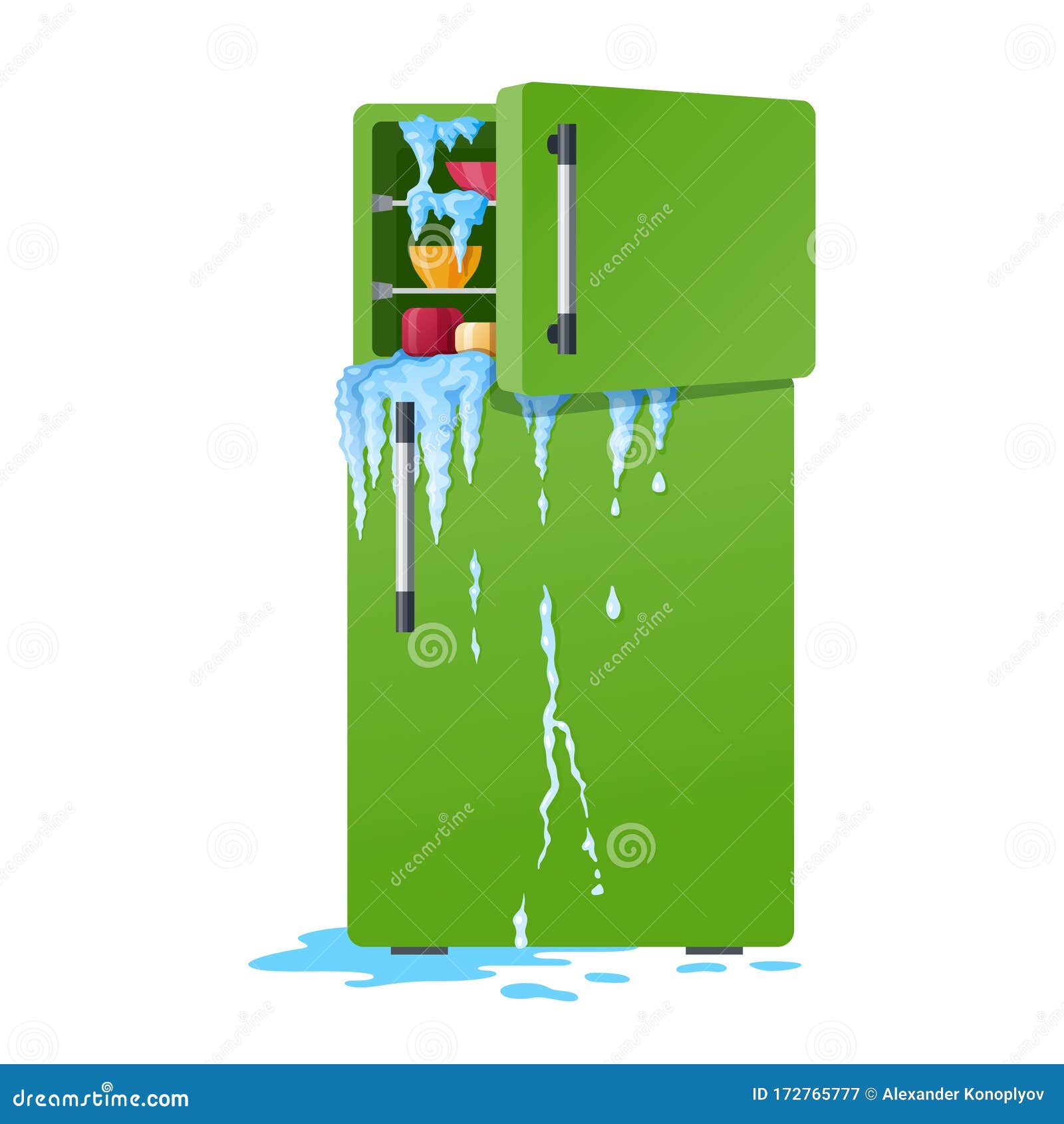 Broken Refrigerator Illustration, Damaged Fridge With Leakage Cartoon ... Broken Refrigerator Illustration, Damaged Fridge With Leakage Cartoon ...