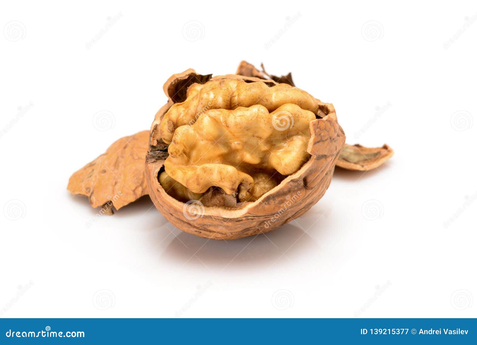 Broken Ripe Walnut, Kernel and Shell, Close Up Macro, Isolated on a ...