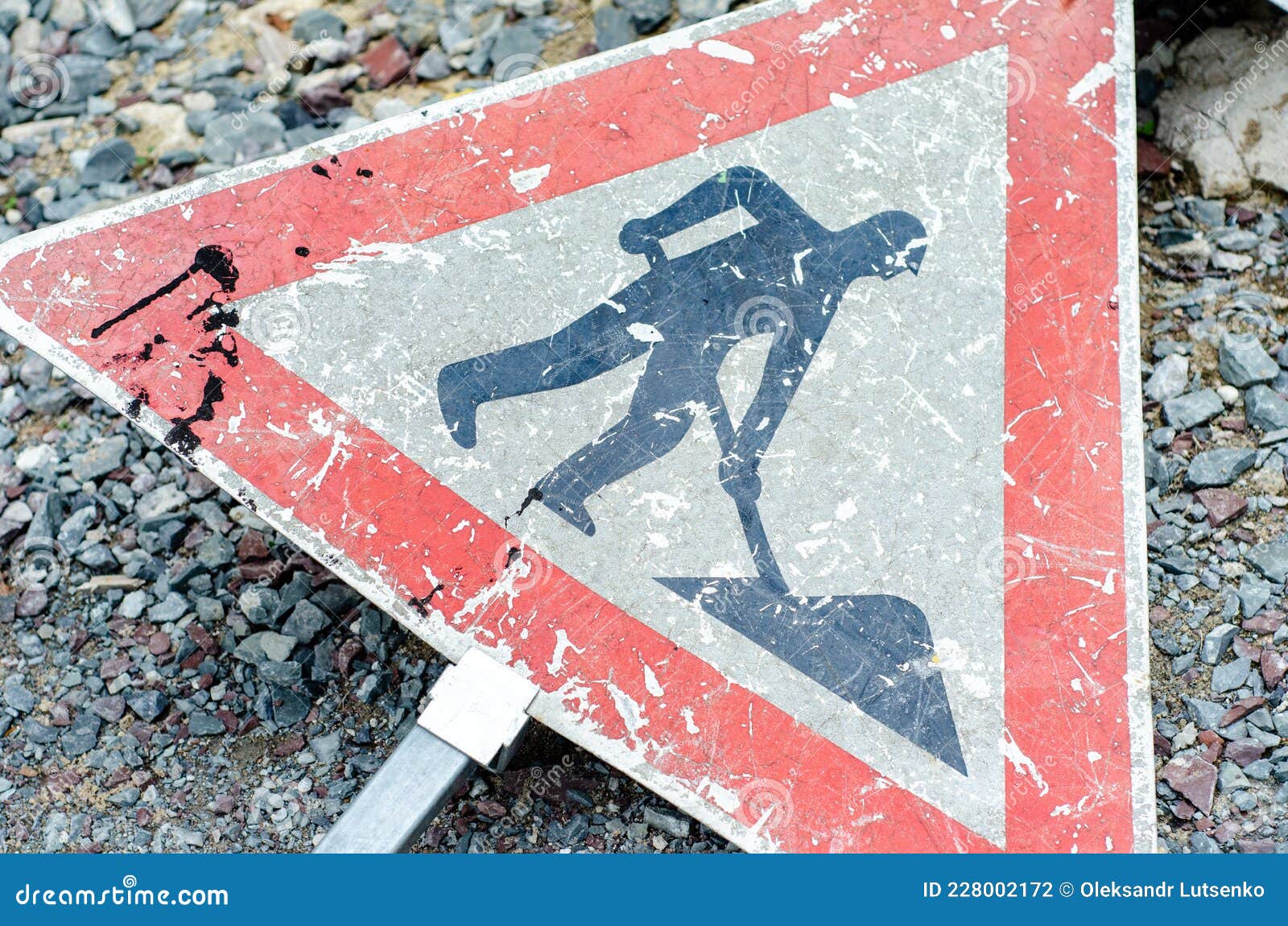 Broken Road Sign `road Works` after an Accident Stock Photo - Image of ...