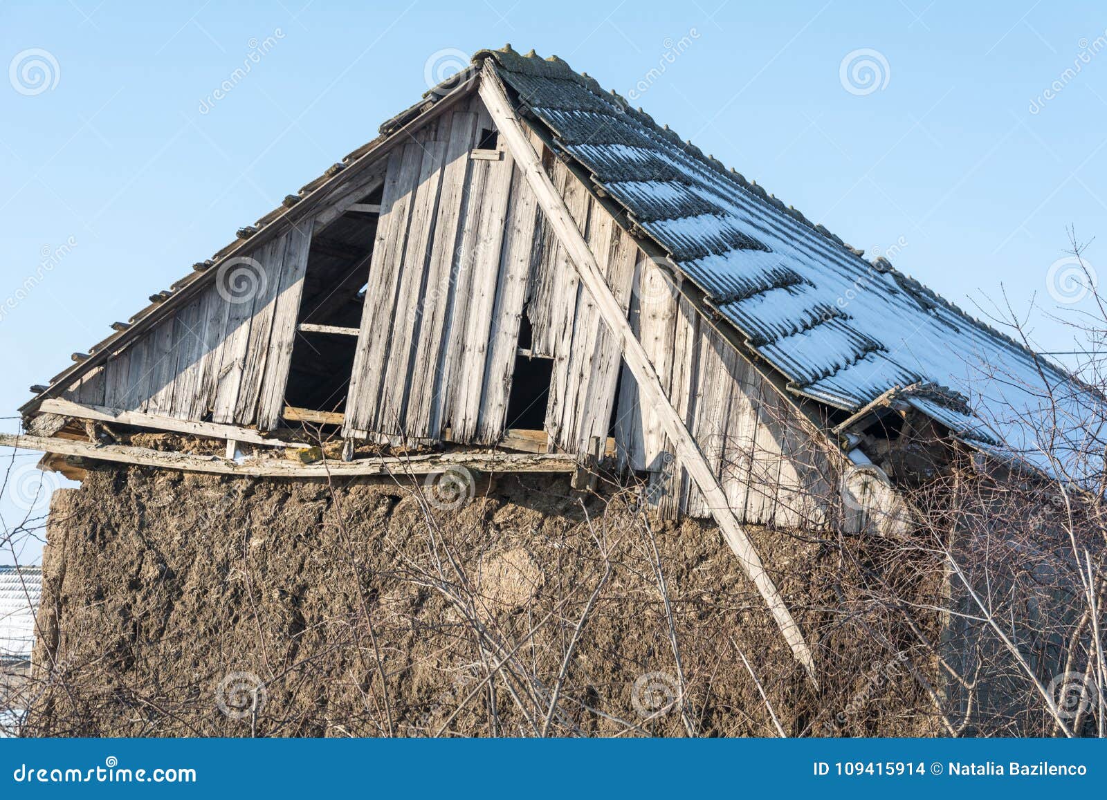 Broken roof of clay house stock photo. Image of background - 109415914