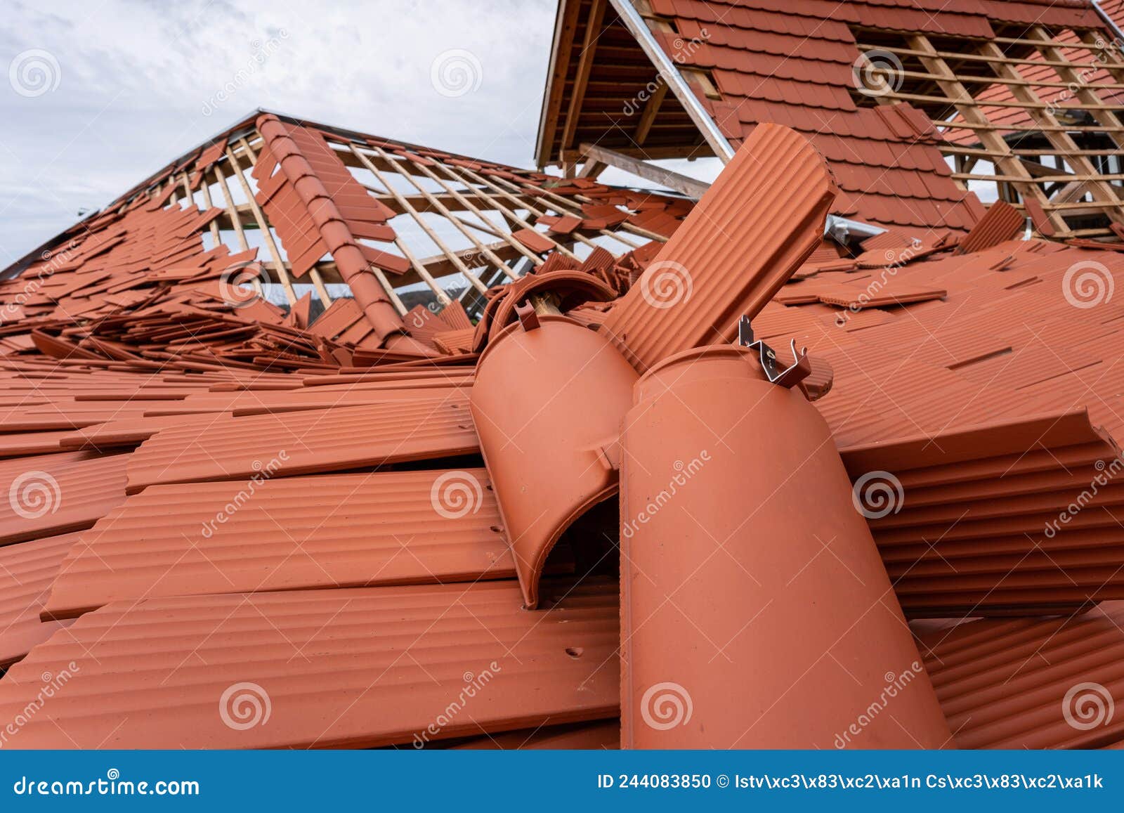 Broken roof after a storm stock photo. Image of earthquakes - 244083850