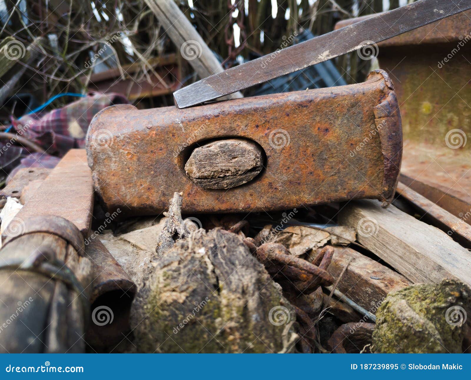 Broken Rusty Hammer Head with Rotten Handle and Some More Rusty Tools ...