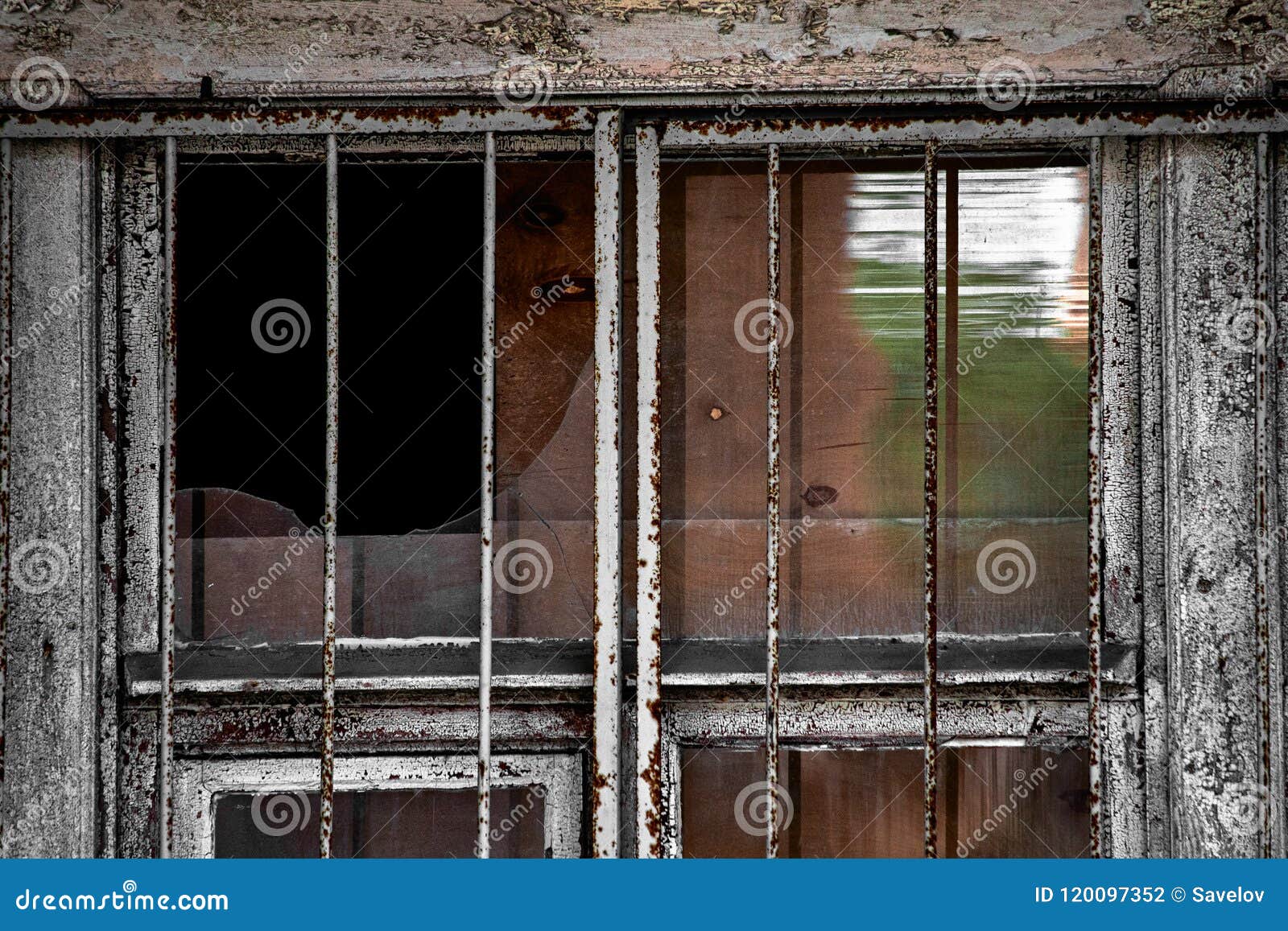 Broken Rusty Window with Metal Grating Stock Photo - Image of ...