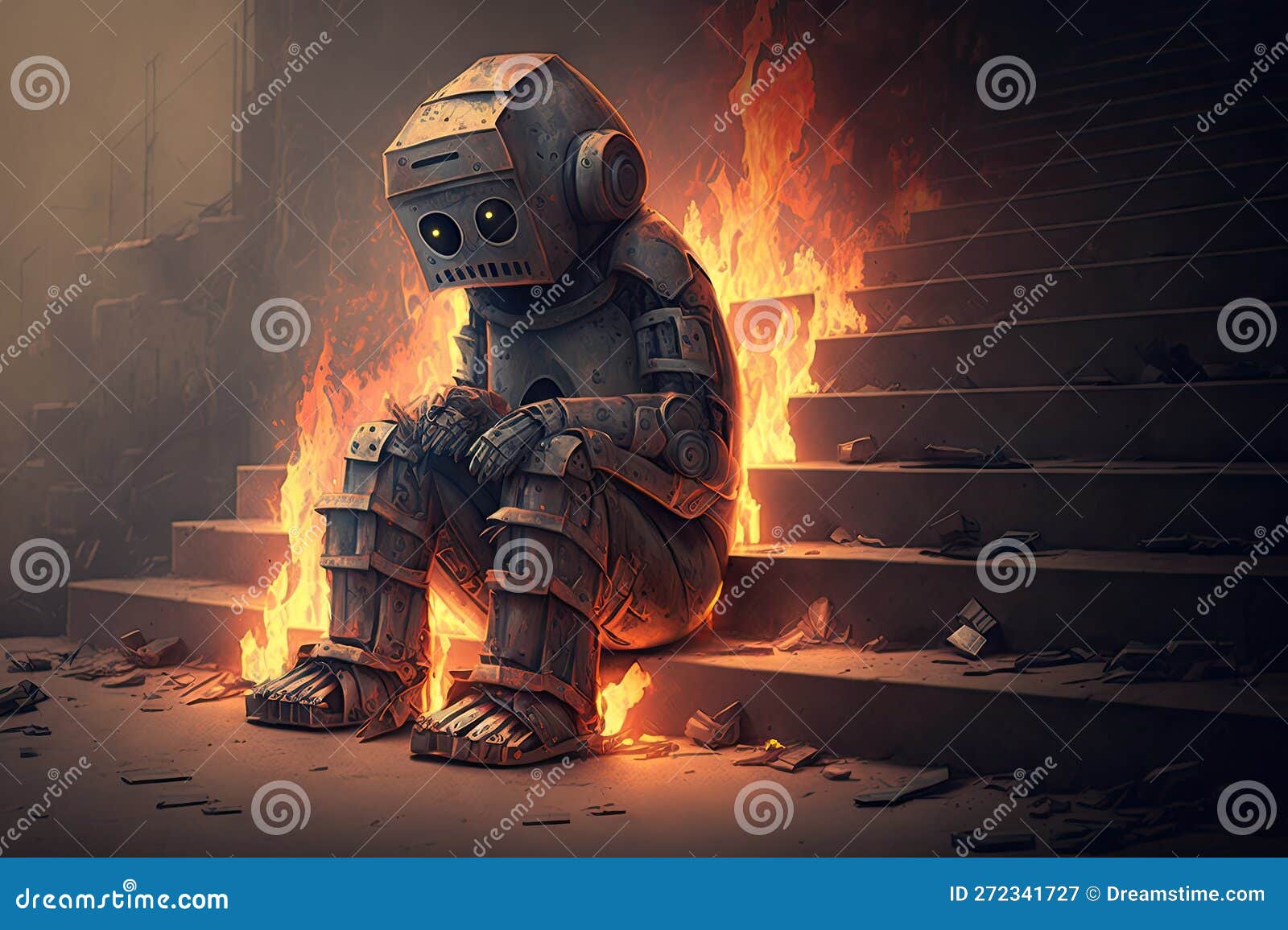 Broken Sad Robot Sitting on Steps in Front of Burning Exit Stock ...