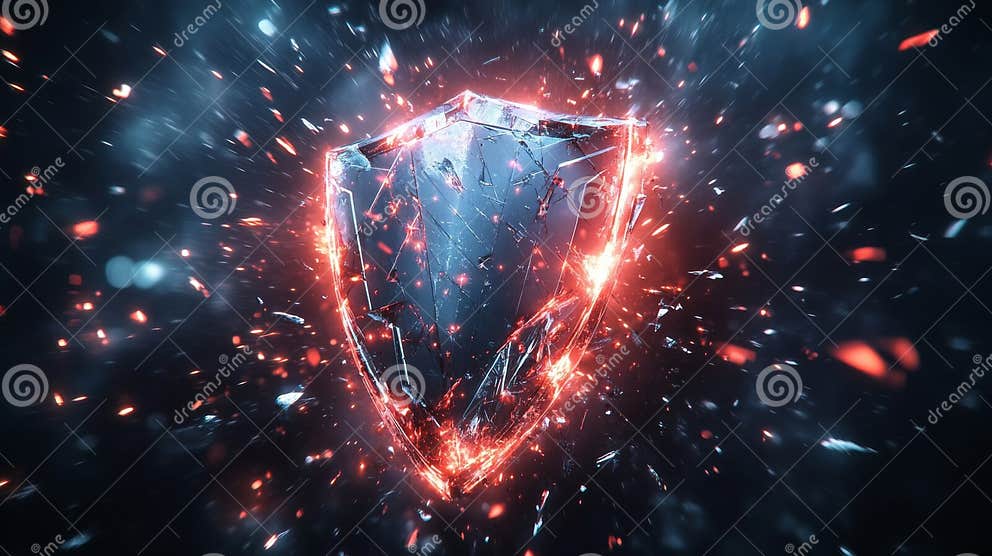 Broken Shield Exploding with Fire and Sparks on Dark Background Stock ...