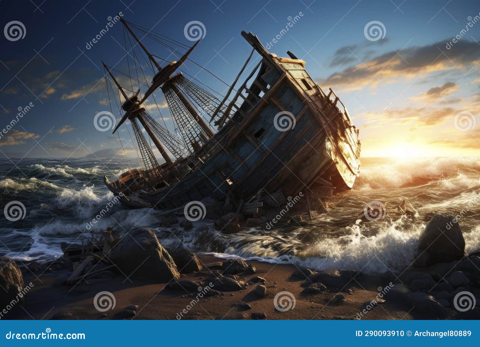 Broken Ship Icon. Cartoon Wooden Battered Ship With Tattered Flag And ...